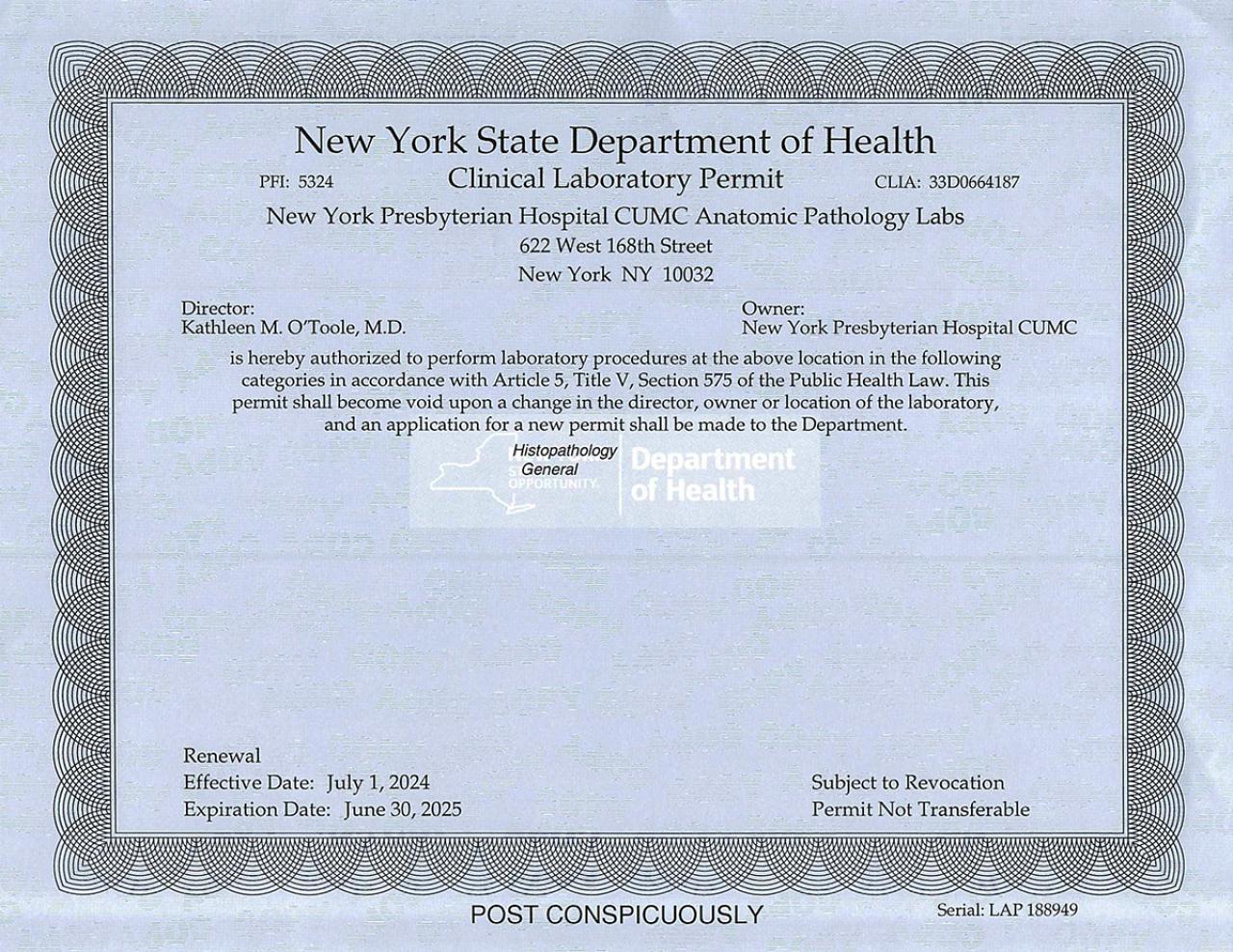 Laboratory Permits and Accreditations | Pathology
