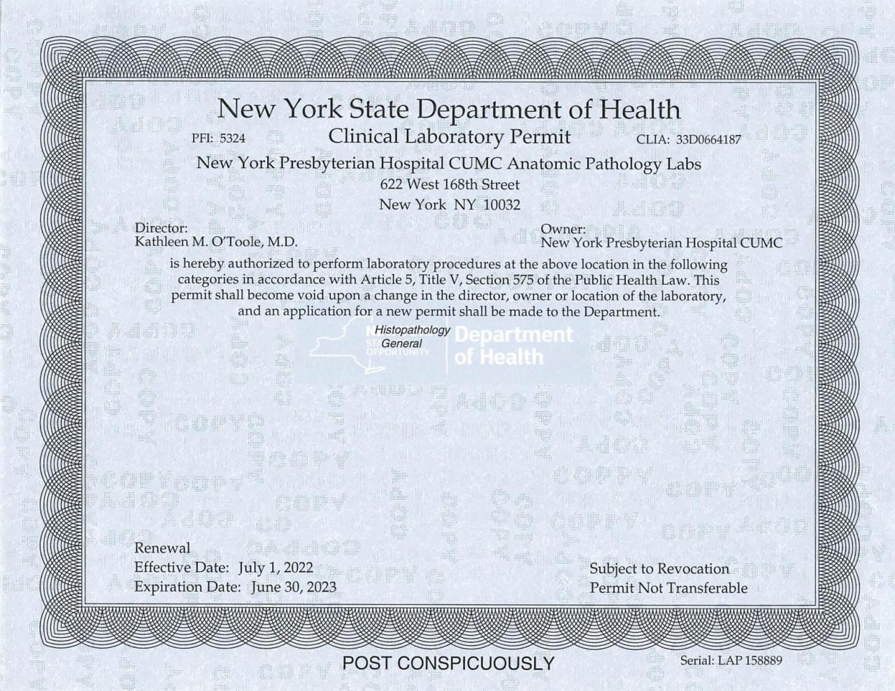 Laboratory Permits and Accreditations | Pathology