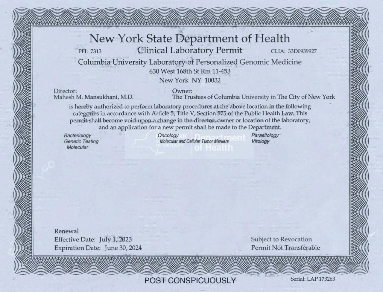 Laboratory Permits and Accreditations | Pathology