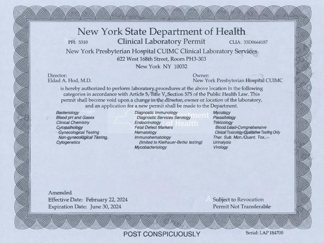 Laboratory Permits and Accreditations | Pathology