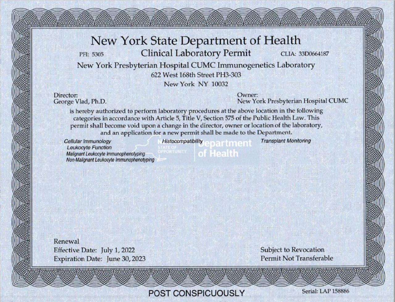 Laboratory Permits and Accreditations | Pathology