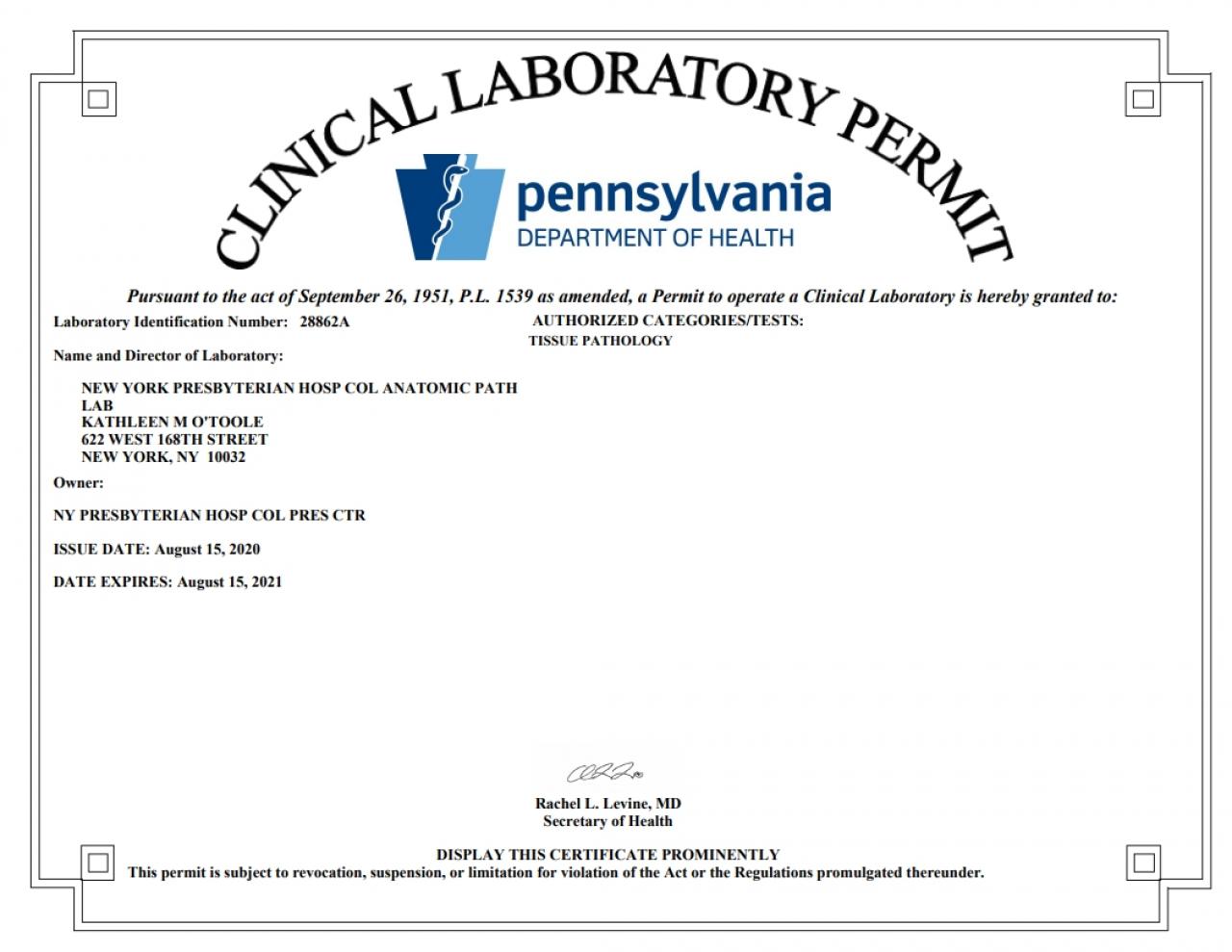 Laboratory Permits and Accreditations | Pathology