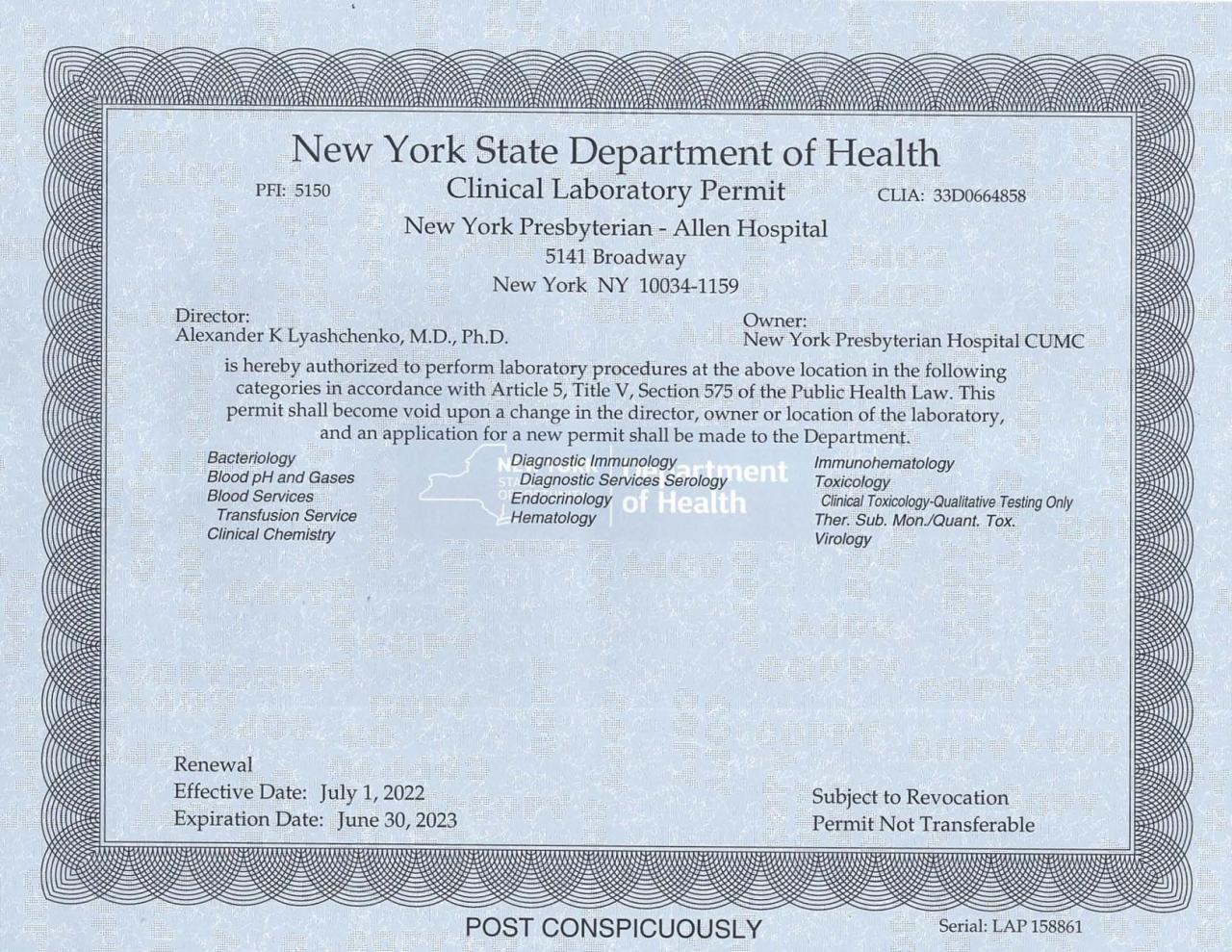 Laboratory Permits and Accreditations | Pathology