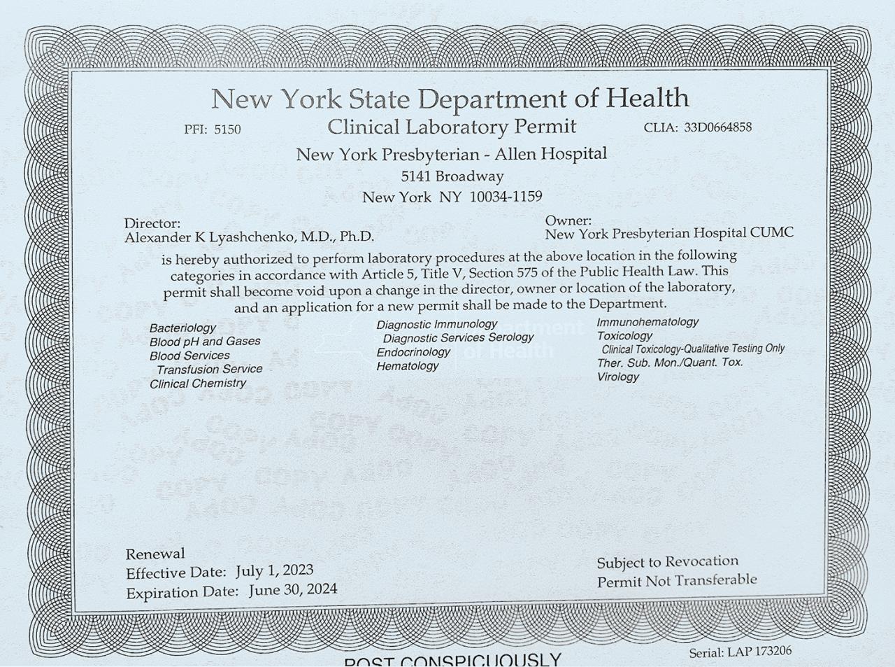 Laboratory Permits and Accreditations | Pathology