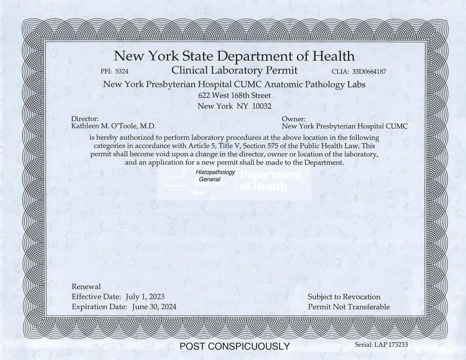 Laboratory Permits and Accreditations | Pathology