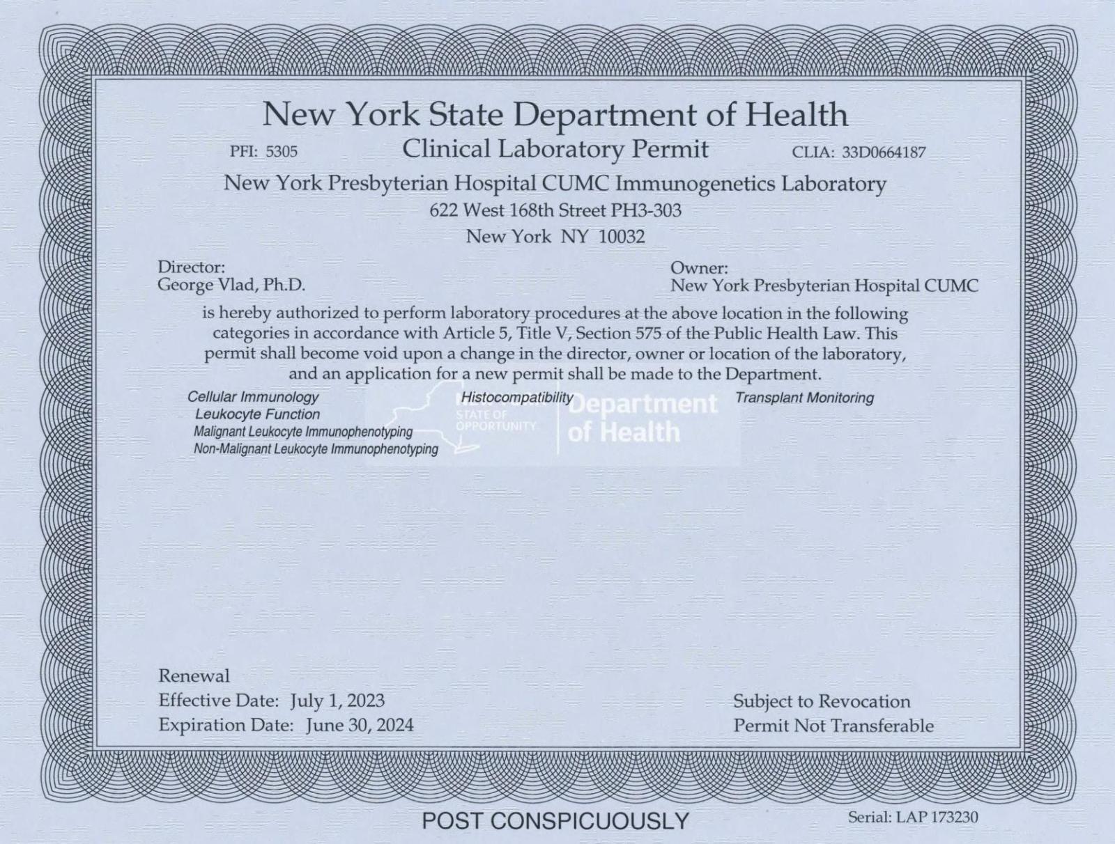Laboratory Permits and Accreditations | Pathology
