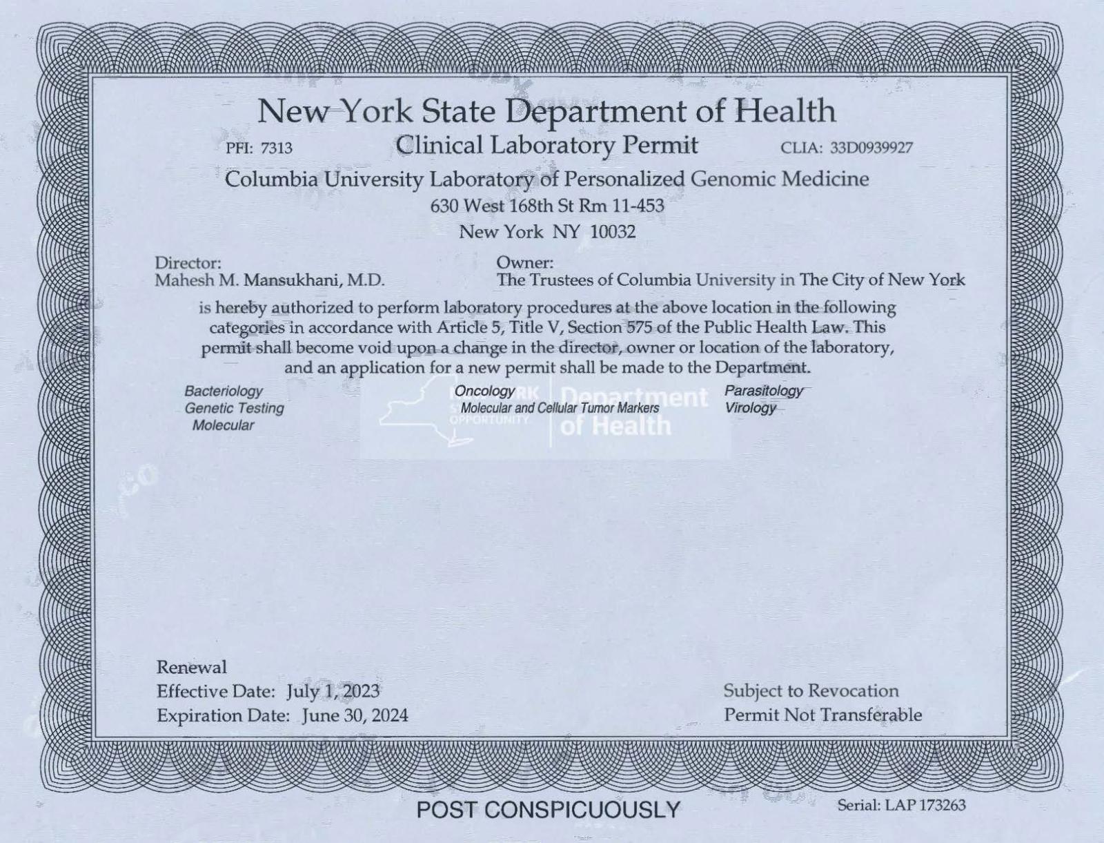 Laboratory Permits and Accreditations | Pathology