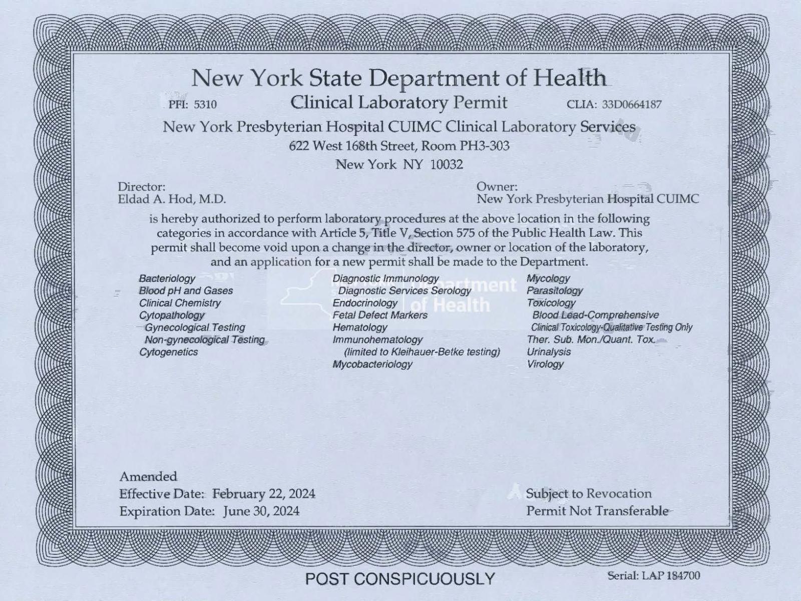 Laboratory Permits and Accreditations | Pathology