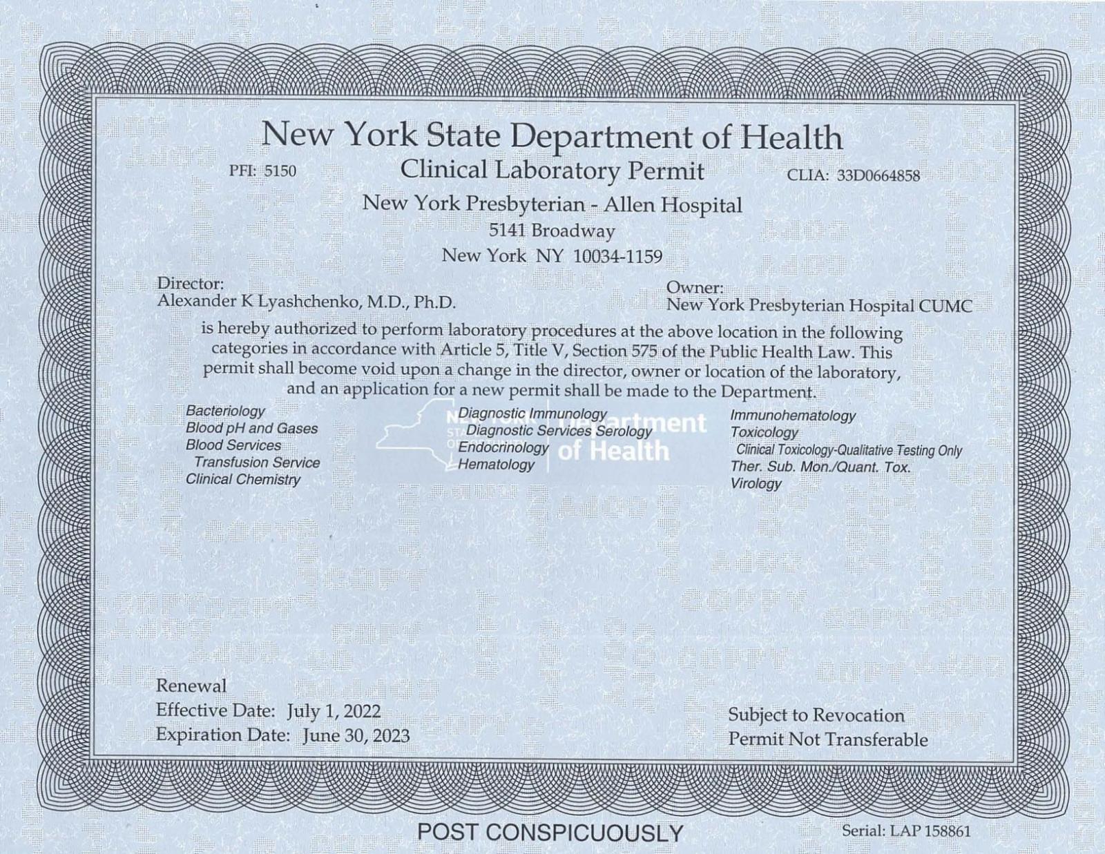 Laboratory Permits and Accreditations | Pathology